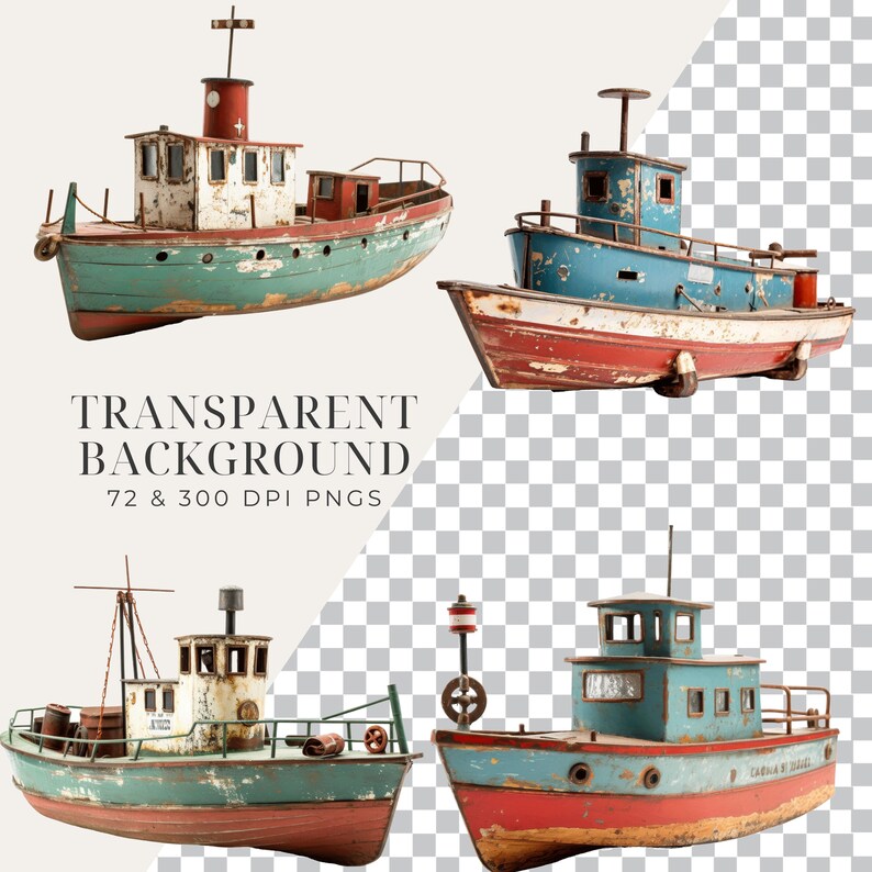 Vintage Tug Boat Clipart Bundle, Nautical Clip Art, Tugboat PNG, Retro ...