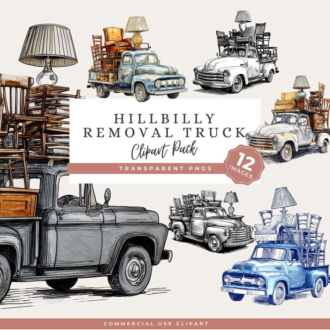 Vintage Hillbilly Truck Clipart, Shabby Chic Moving Day PNG, Pickup Ute ...