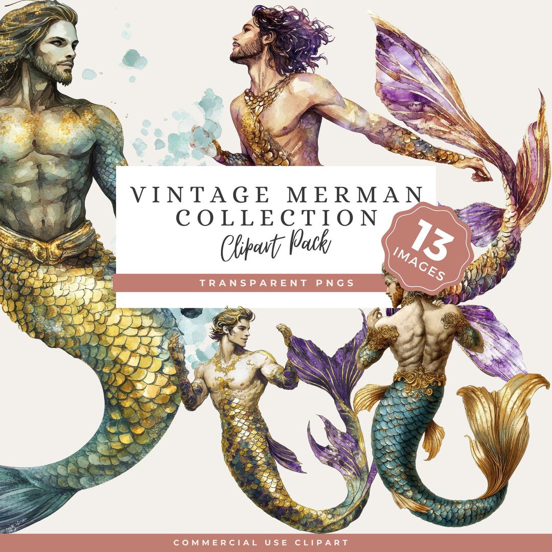 Merman Clipart Pack, PNG Fantasy Sea King Illustrations, Vintage ...