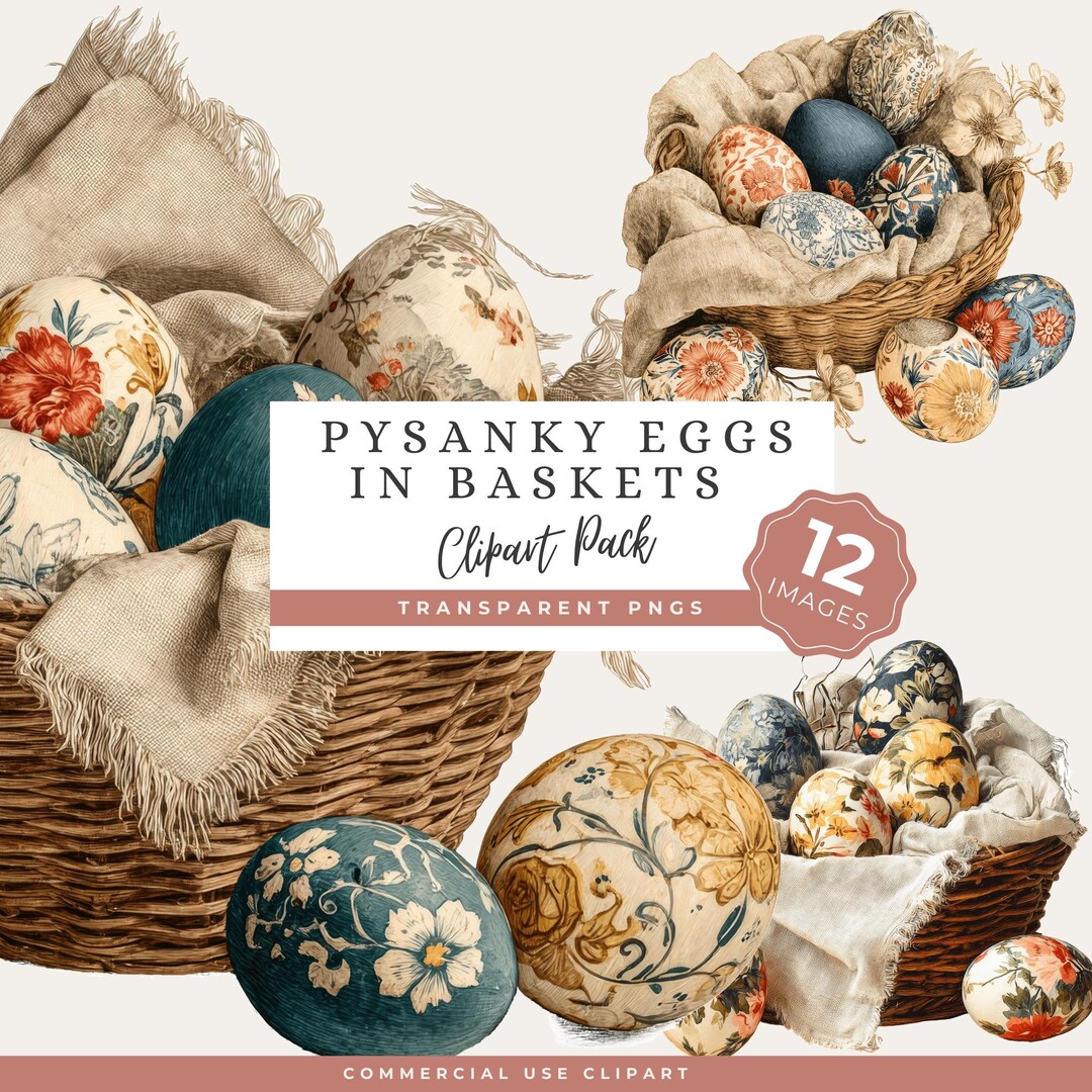 Ukrainian Pysanky Eggs in Basket Clipart PNG, Vintage Easter Basket ...