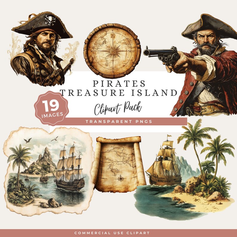 Pirates Treasure Island Clipart, Pirate Ship & Treasure Map Art ...