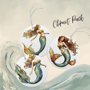Vintage Mermaid Art Clipart PNG, Blue Gold Fantasy Swimming Mermaid ...