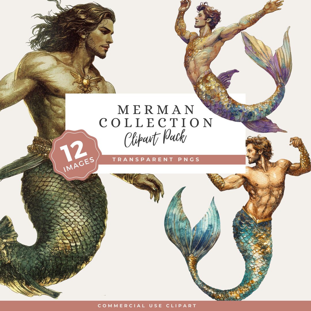 Merman Clipart Pack, Fantasy Sea Prince Pngs, Scrapbooking, Wall Art ...