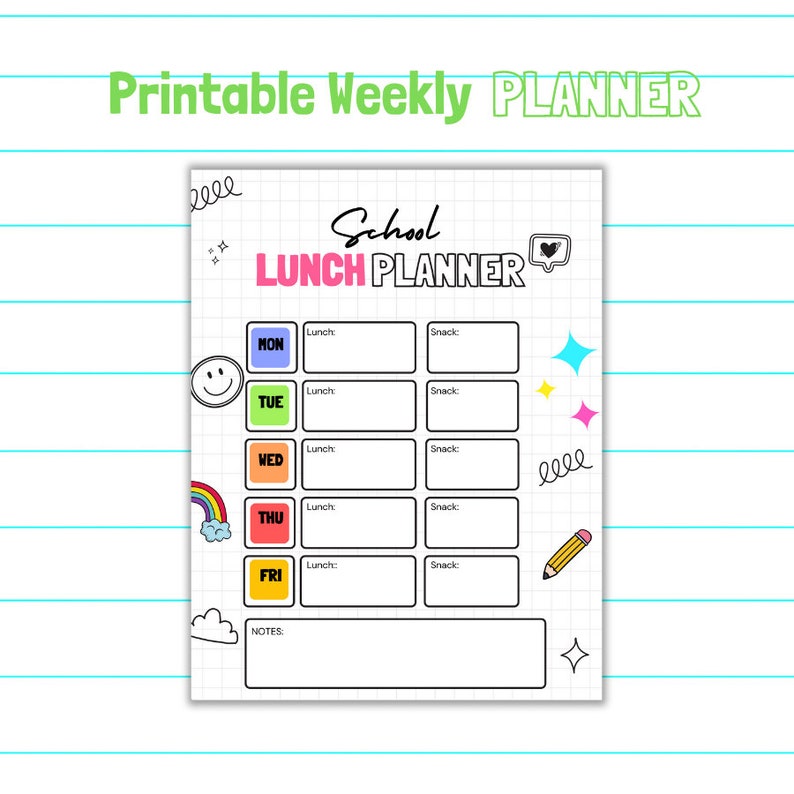 Weekly School Lunch Planner, Printable Weekly Meal Planner, Kids ...