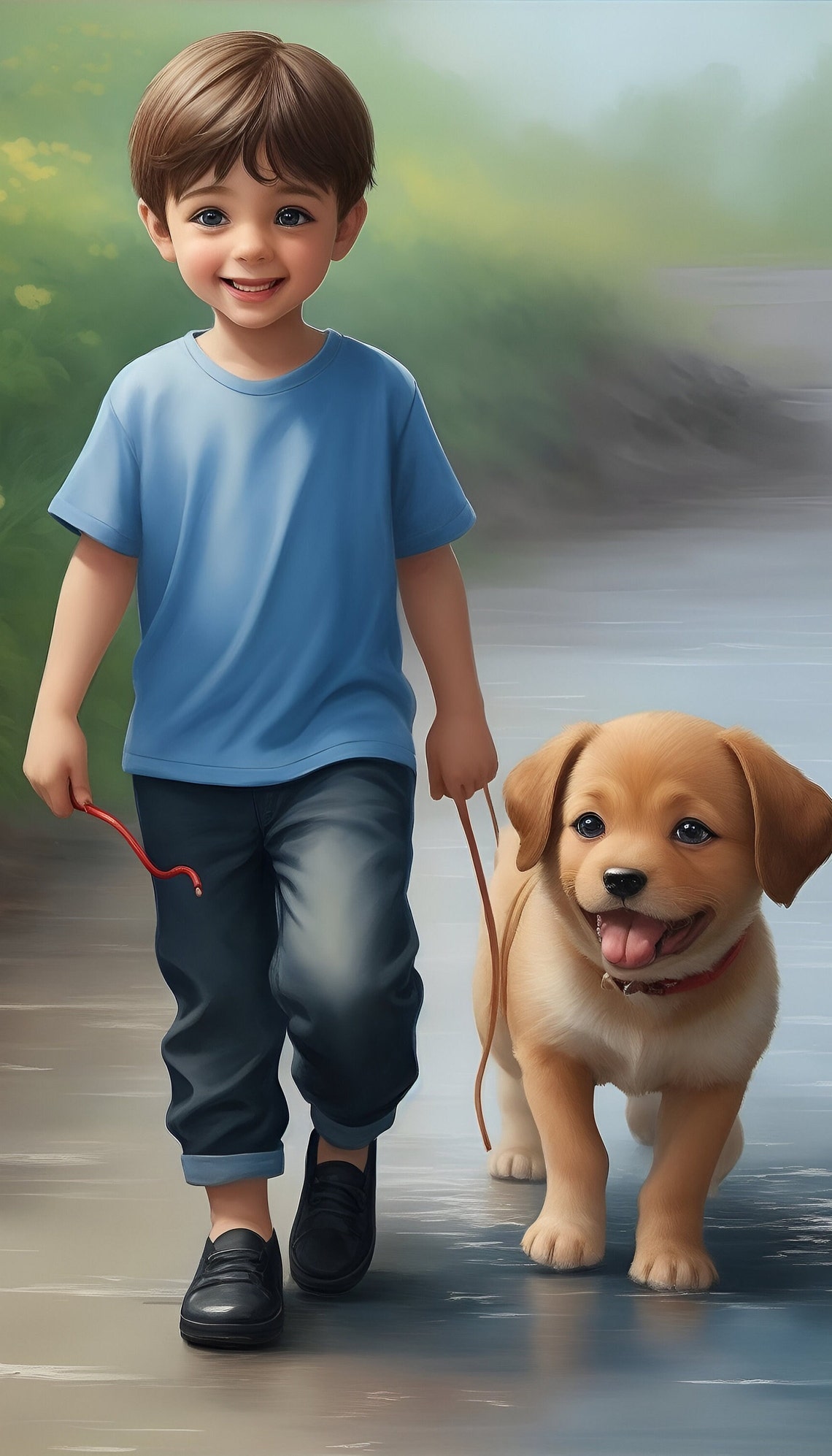 A Boy Walk With Dog Digital Print Dog Walk AI Portarit Art Cute Dog ...