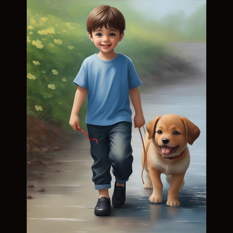 A Boy Walk With Dog Digital Print Dog Walk AI Portarit Art Cute Dog ...