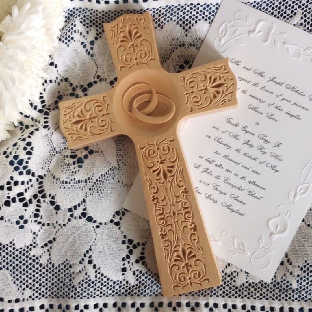 9 Wooden Wedding Cross With Carved Rings With Option to Personalize - Etsy