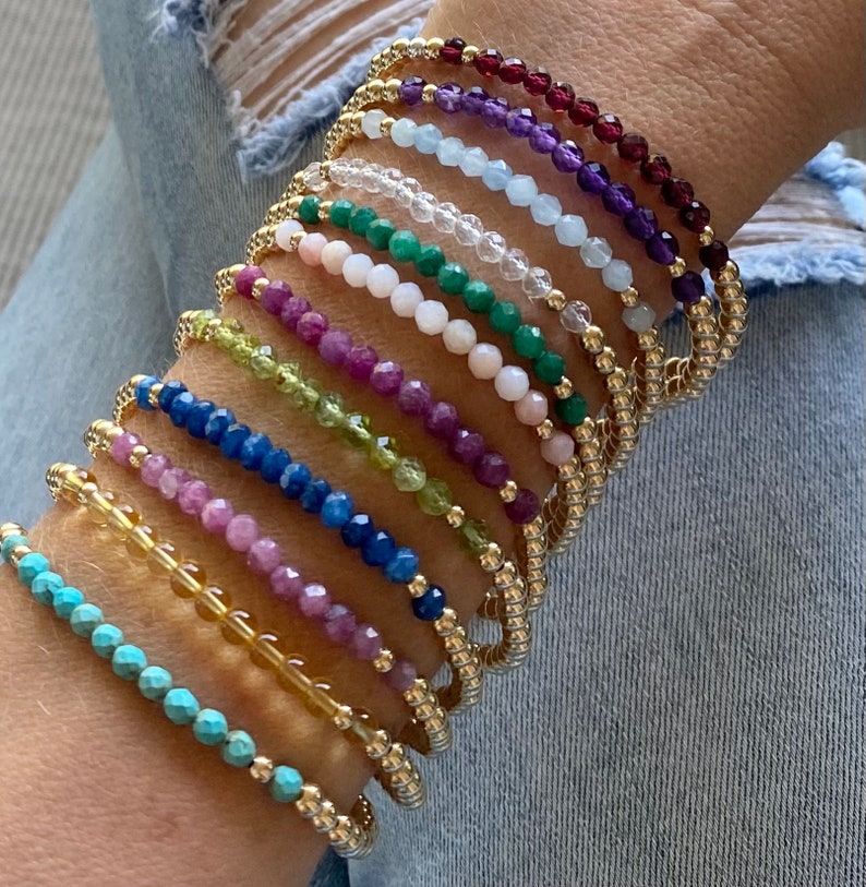 Beaded Birthstone Bracelet, 14K Gold Filled Bead Bracelet, Gemstone ...