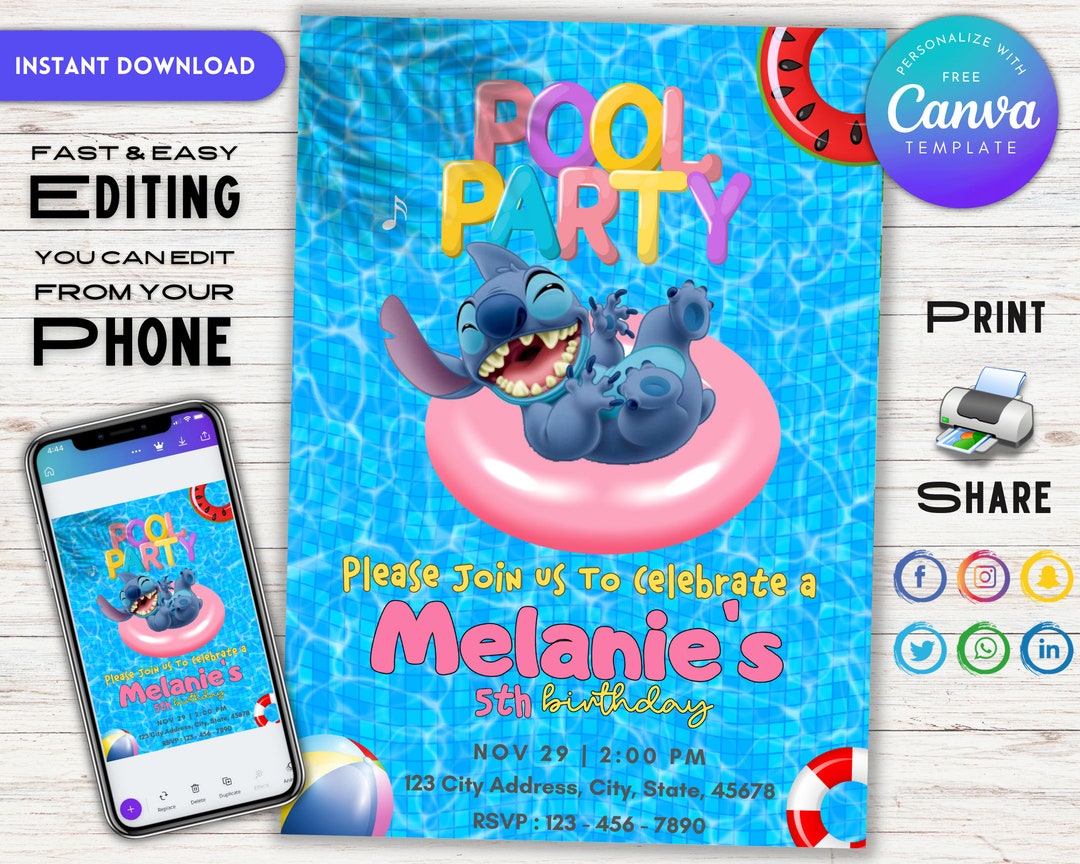 Lilo and Stitch Pool Party Birthday Invitation Stitch - Etsy