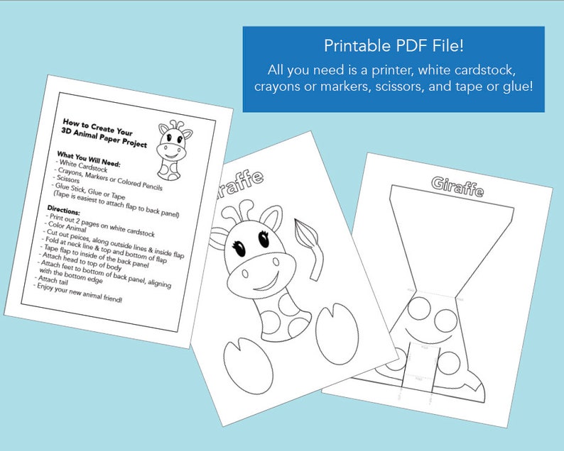 Giraffe Printable 3D Coloring Activity, Digital Download Coloring, Easy ...