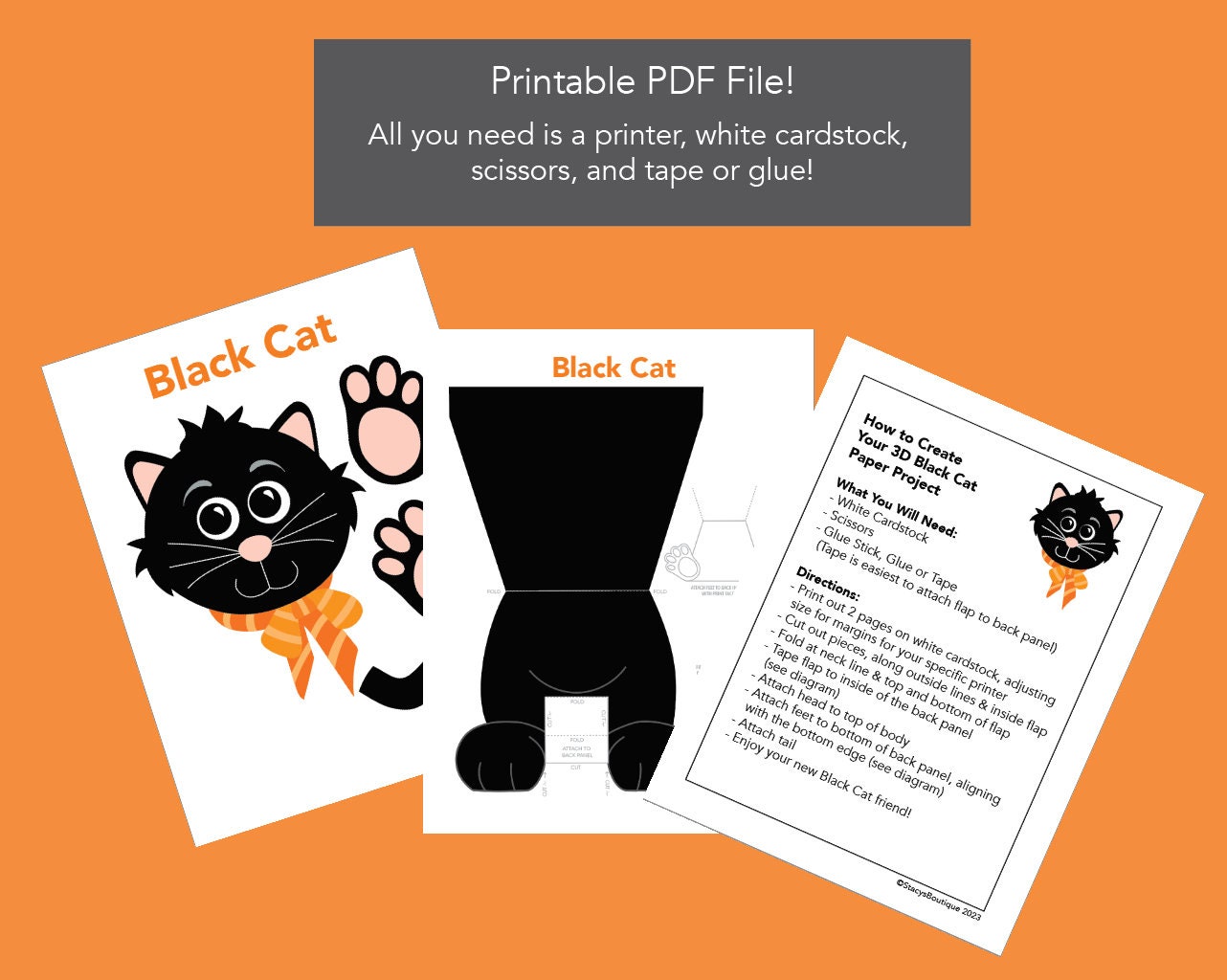 Black Cat Printable 3D Craft Activity for Kids, Digital Download Craft ...