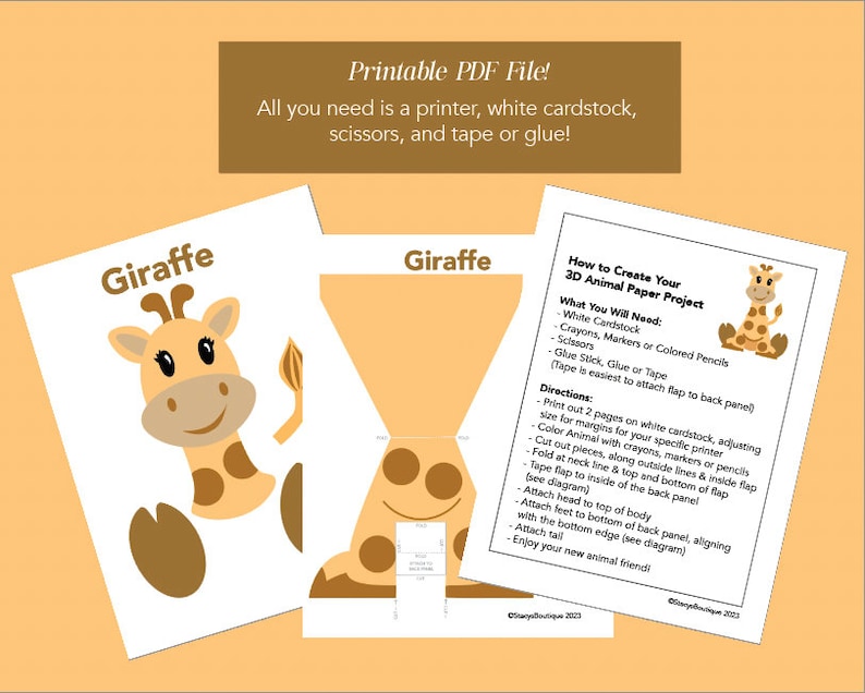 Giraffe Printable 3D Craft Activity for Kids, Digital Download Craft ...