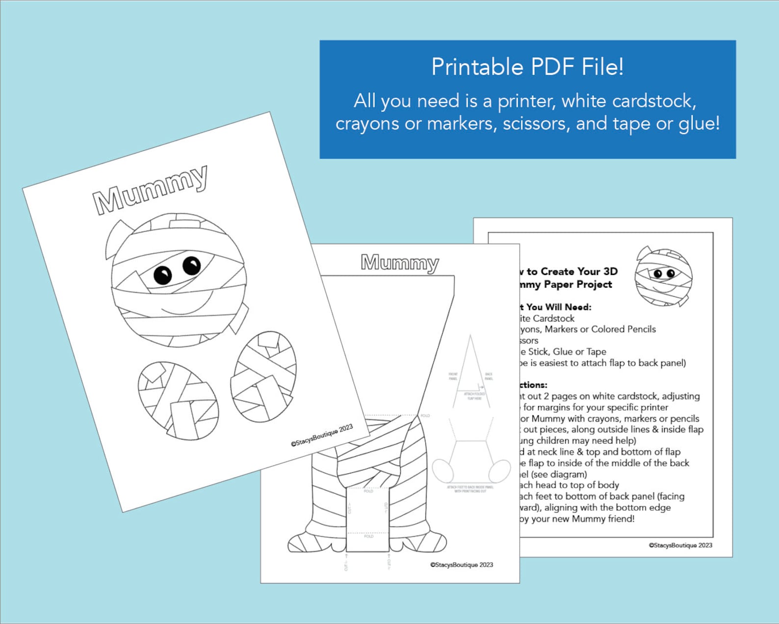 Cute Halloween Mummy 3D Printable Craft Activity for Kids, Digital ...