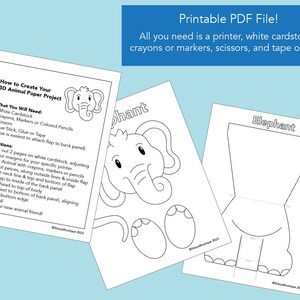3D Paper Elephant Craft, Coloring Activity, Zoo Animal Party (digital ...