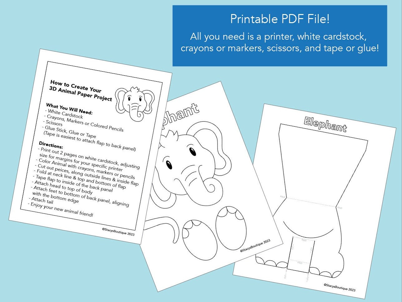 Elephant Printable 3D Coloring Activity for Kids, Digital Download ...