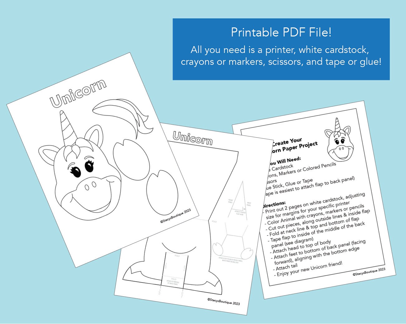 Unicorn Printable Coloring 3D Craft for Kids, Digital Download Coloring ...