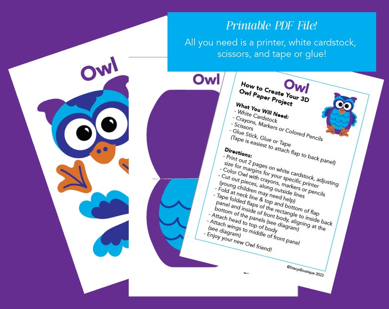 Owl Printable Craft Activity for Kids, Fun 3D Party Decoration, Easy to ...