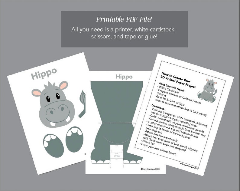 3D Paper Hippo Craft Activity, Printable Zoo Animal (digital Download ...