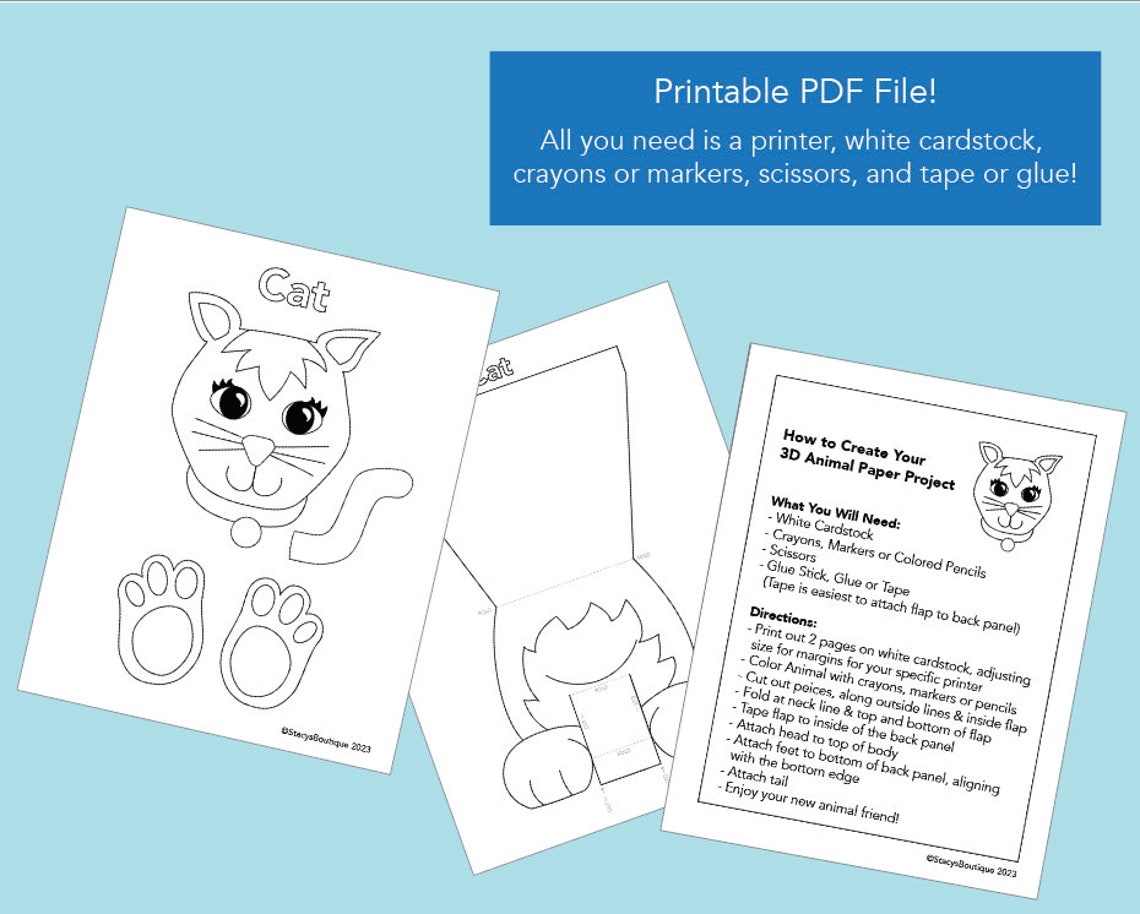 Cat Kitten Printable 3D Coloring Activity for Kids, Digital Download ...