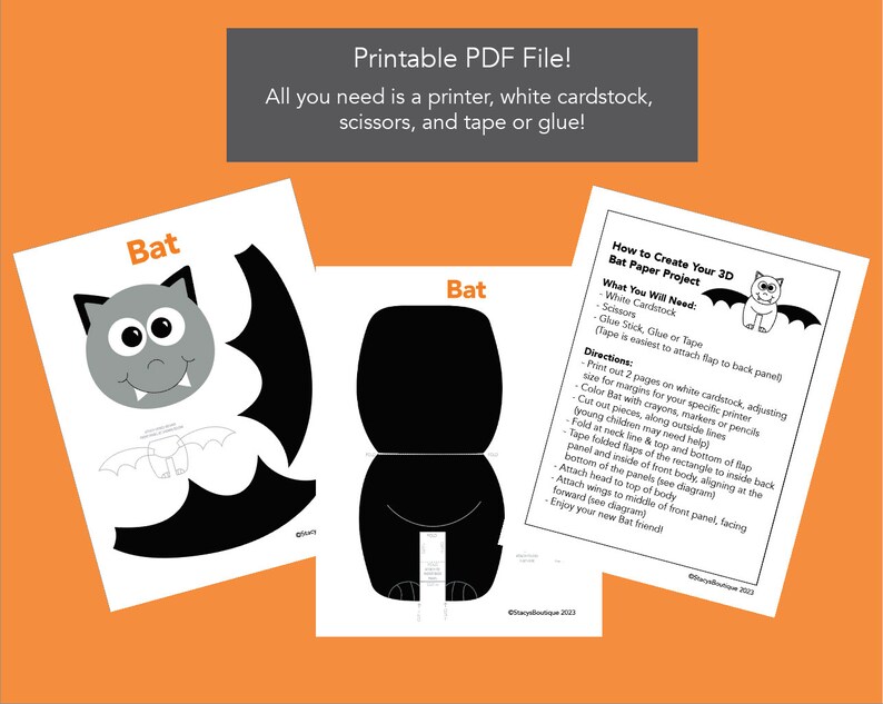 Bat Printable 3D Craft Activity for Kids, Digital Download Craft Kit ...