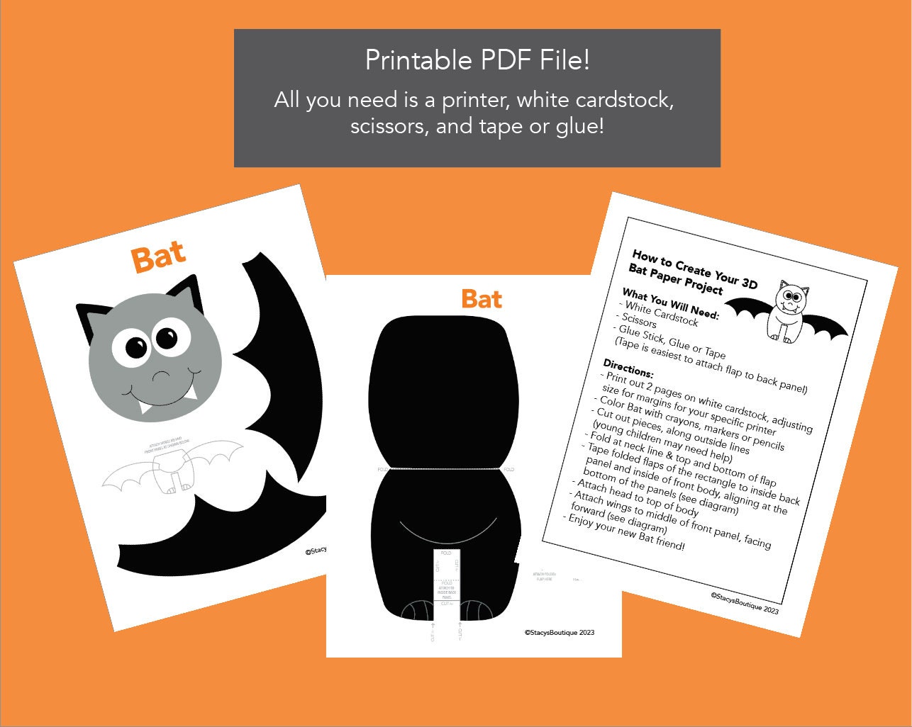 Bat Printable 3D Craft Activity for Kids, Digital Download Craft Kit ...