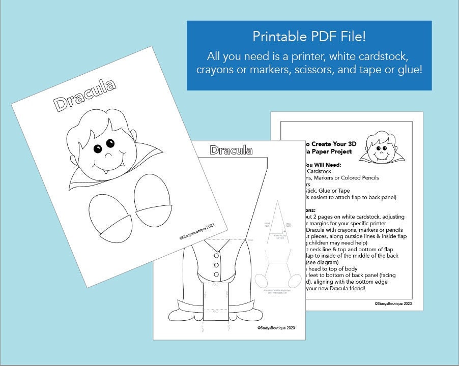 Printable Paper 3D Dracula Coloring Craft Activity for Kids - Etsy