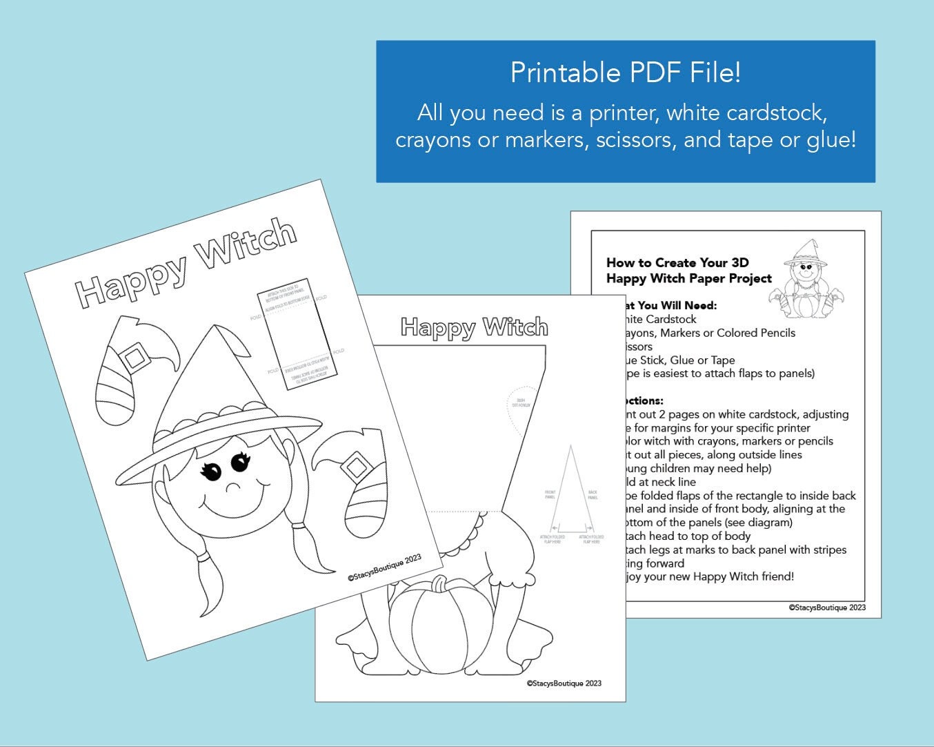 Printable Cute Witch Paper 3D Coloring Craft Activity for Kids - Etsy