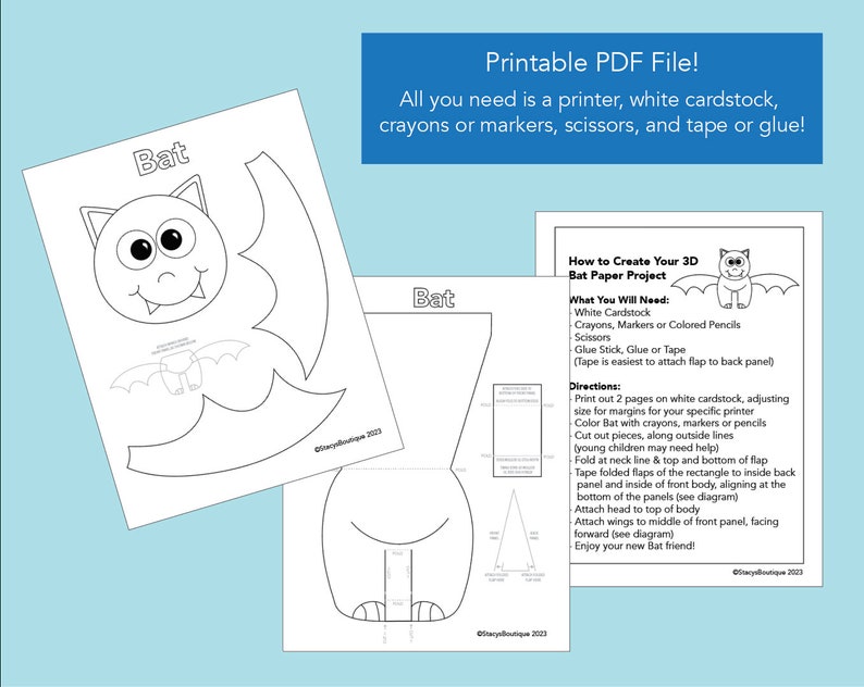 Cute Halloween Bat Printable 3D Craft Activity for Kids, Digital ...