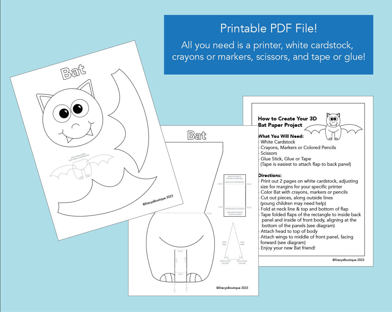 Cute Halloween Bat Printable 3D Craft Activity for Kids, Digital ...