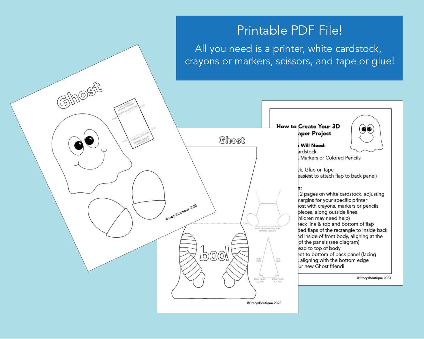 Cute Halloween Ghost 3D Printable Coloring Craft - Etsy