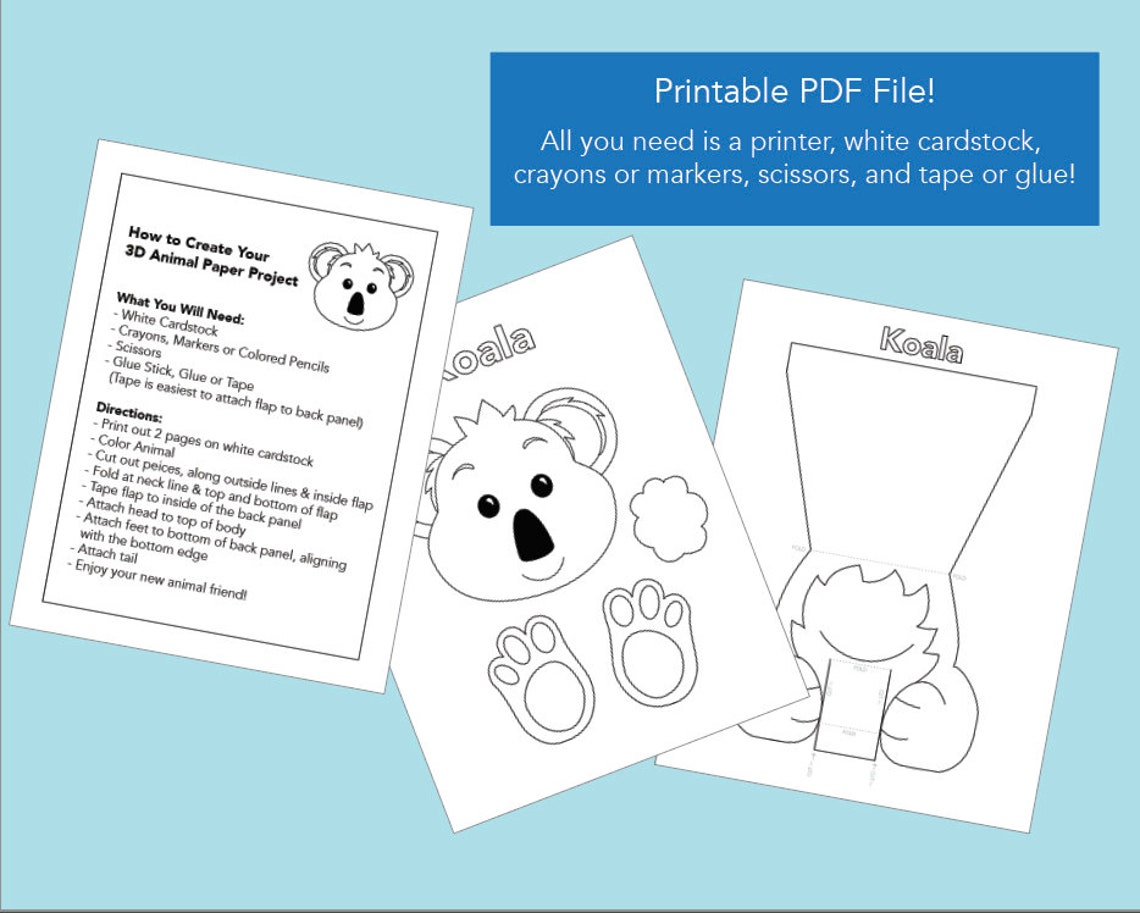 Koala Printable Coloring Craft for Kids, Digital Download Coloring ...