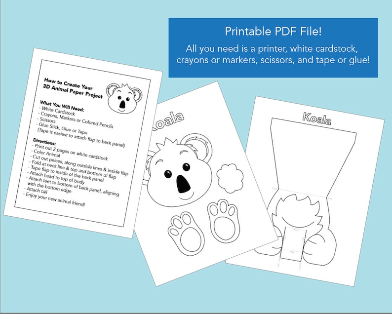 Koala Printable Coloring Craft for Kids, Digital Download Coloring ...
