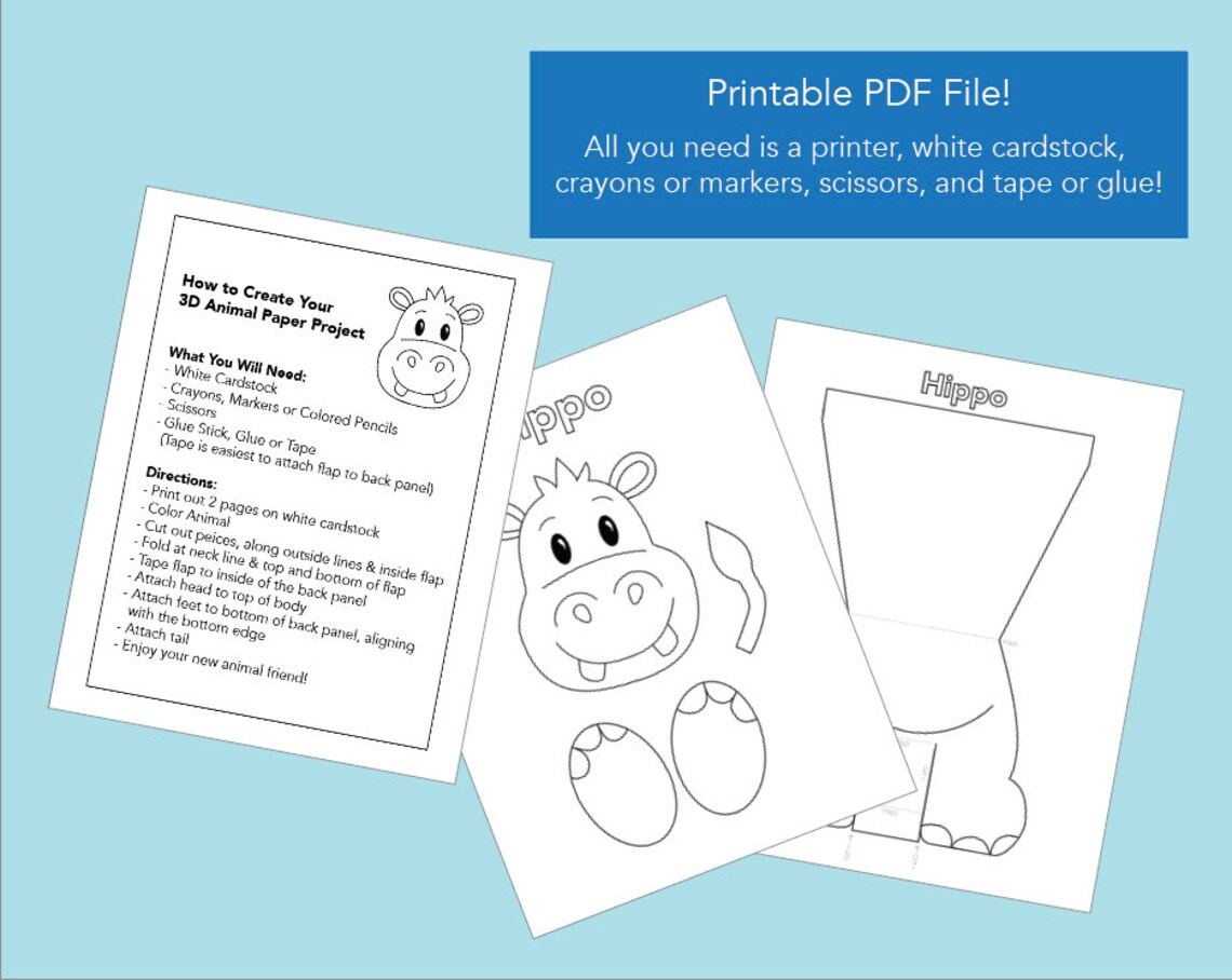 Hippo Printable 3D Coloring Activity for Kids, Digital Download ...