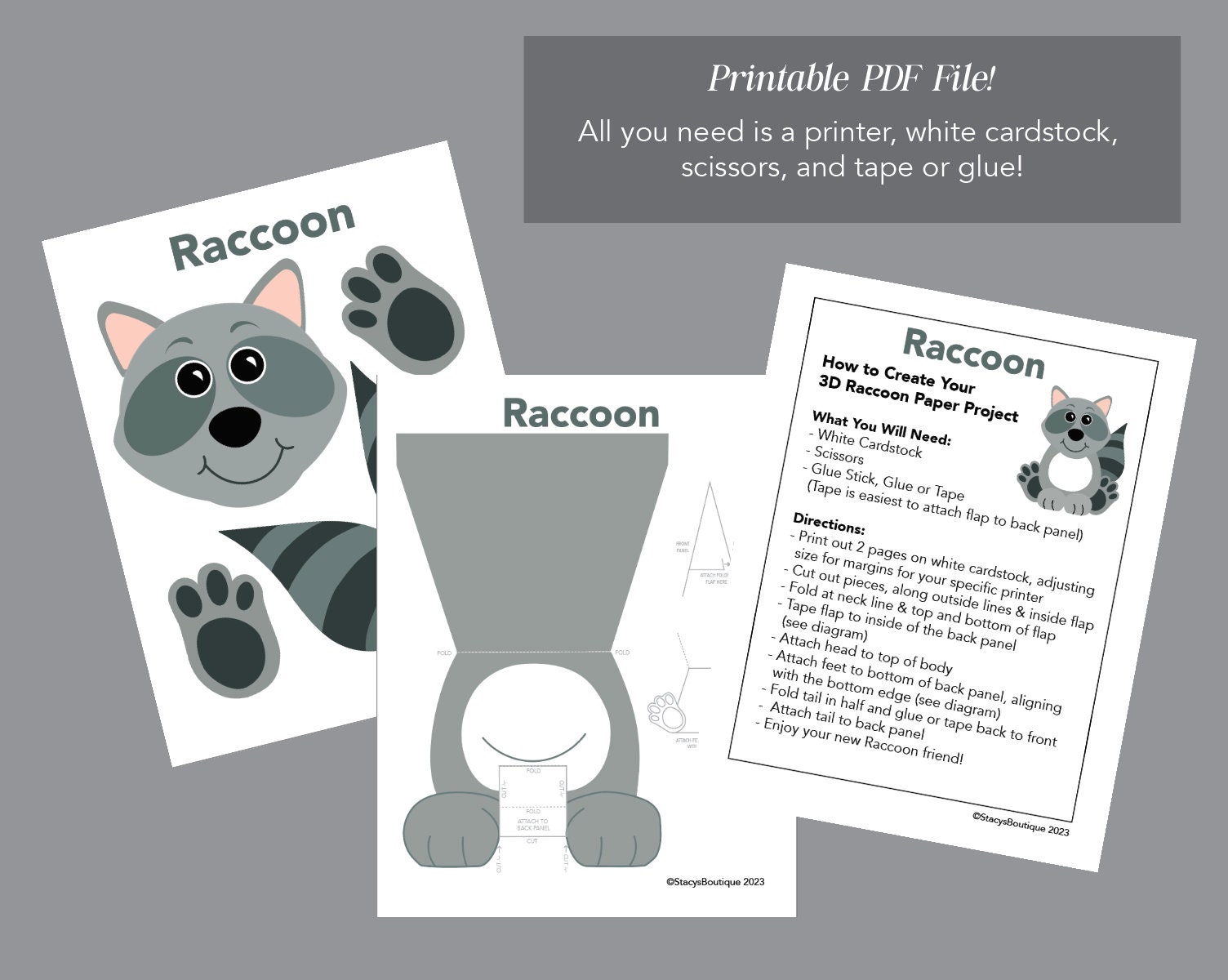 Raccoon Printable Craft Activity for Kids, Woodland Creatures 3D Party ...