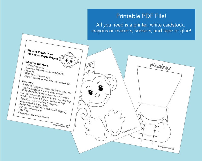 Monkey Printable Coloring for Kids, Digital Download Coloring, Easy ...