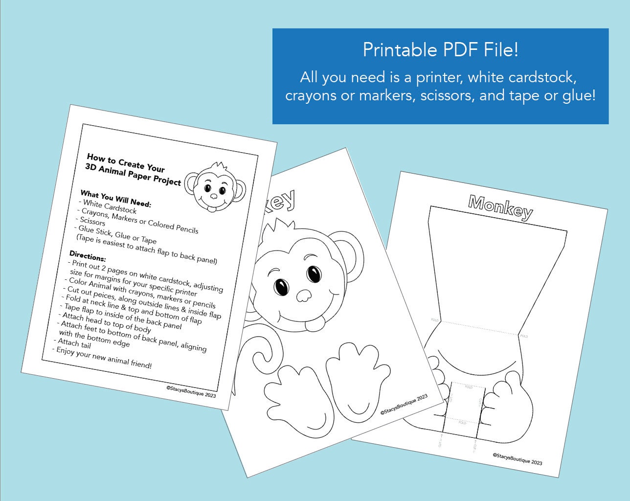 Monkey Printable Coloring for Kids, Digital Download Coloring, Easy ...