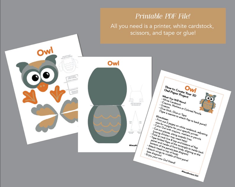 Owl Printable Craft Activity for Kids, Digital Download Party ...