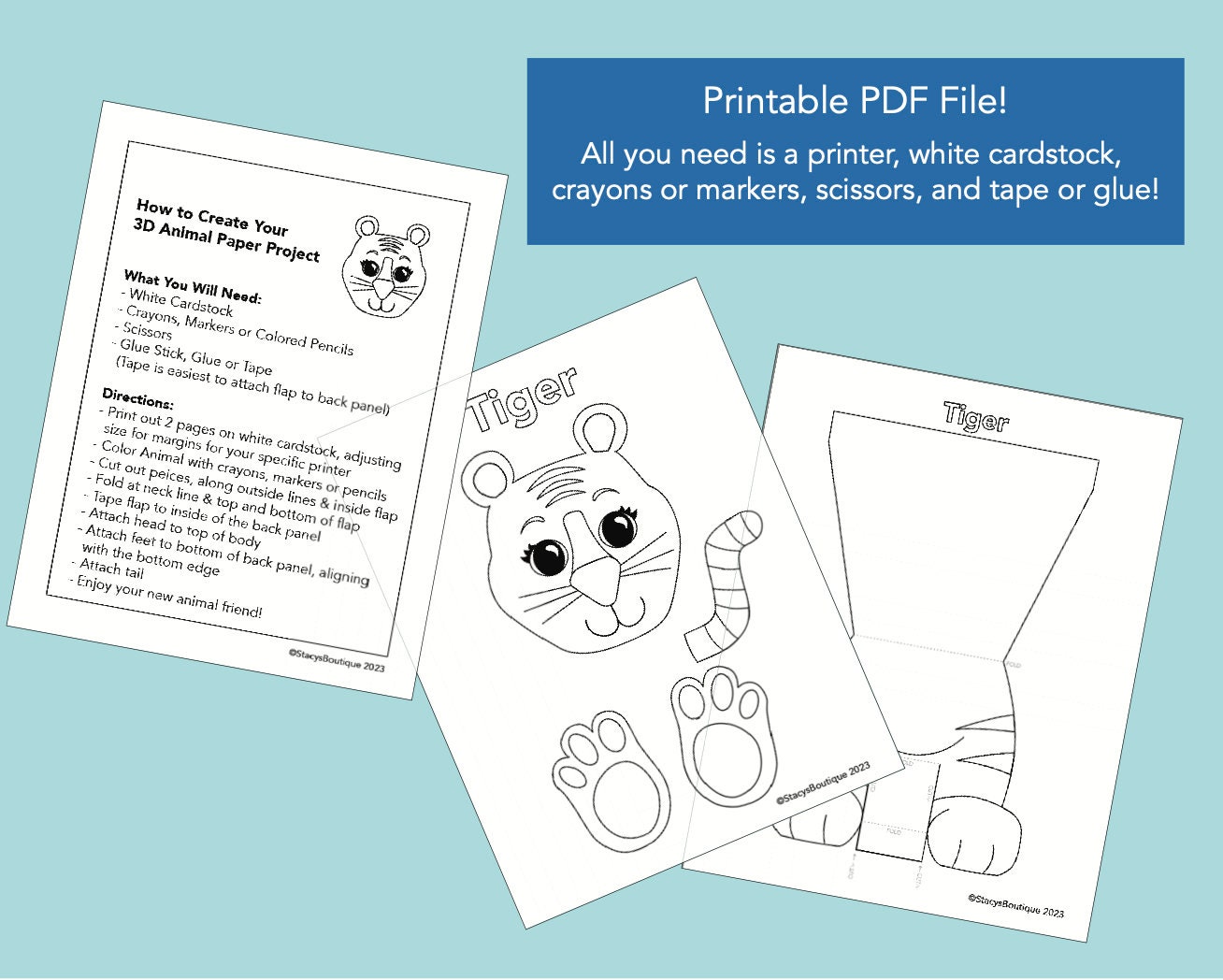 Tiger Printable Coloring Craft for Kids, Digital Download Coloring ...