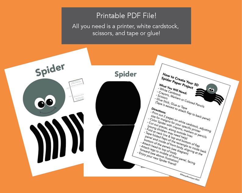 Spider Printable 3D Craft Activity for Kids, Digital Download Craft Kit ...