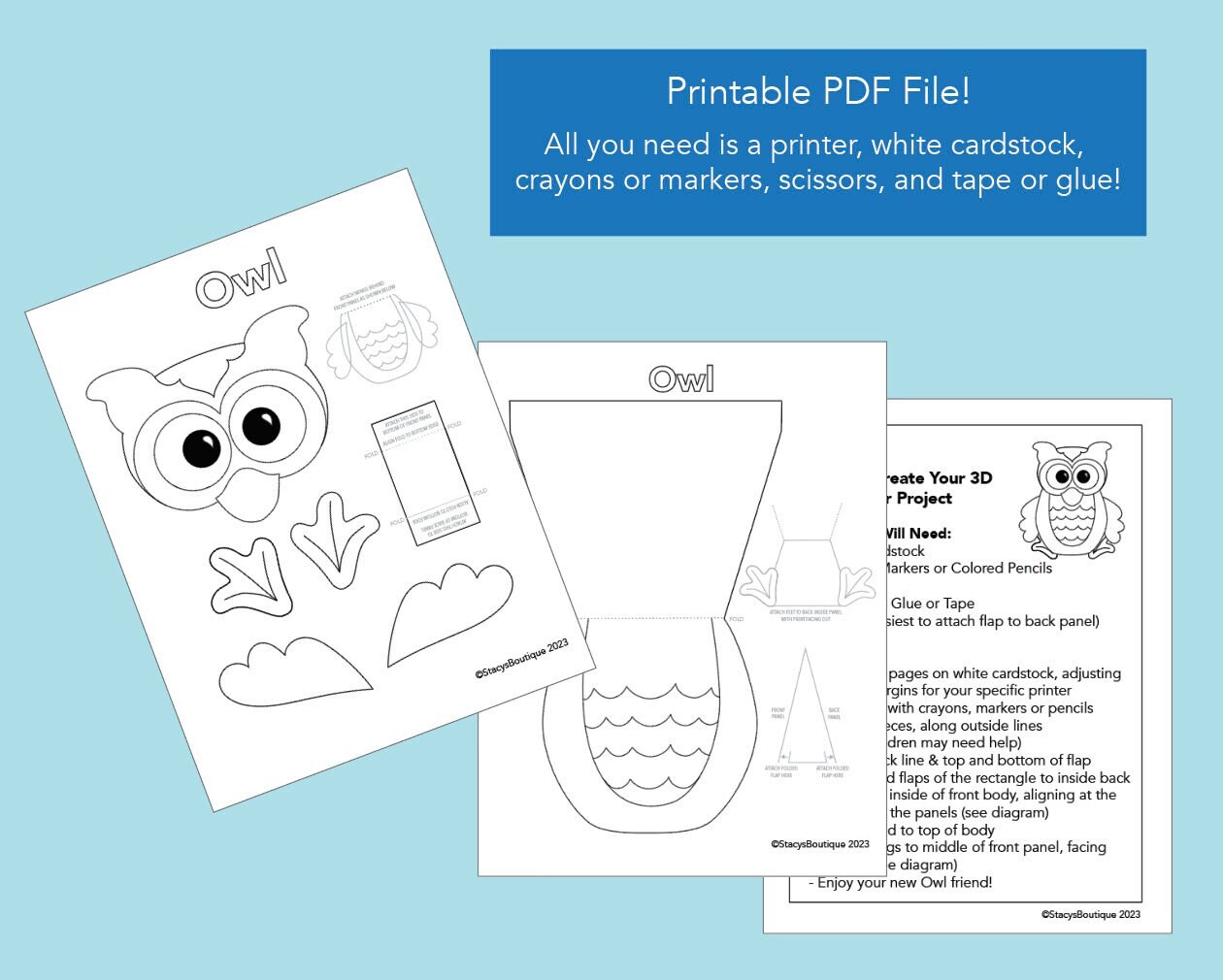 Printable 3D Paper Owl Coloring Craft Activity for Kids - Etsy