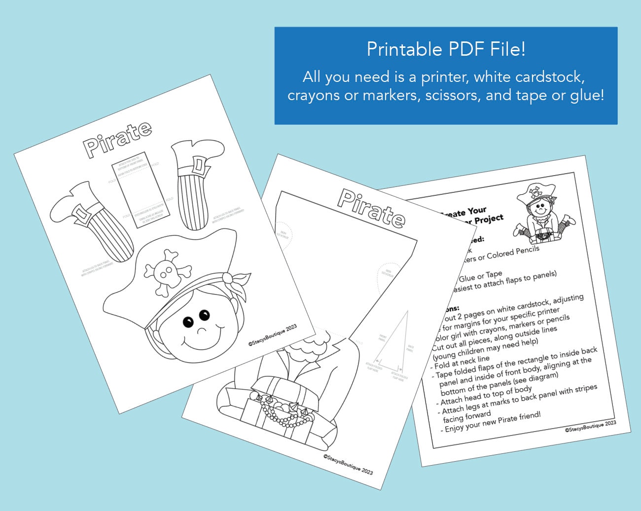 Pirate Printable Craft Activity for Kids, Digital Download Coloring ...
