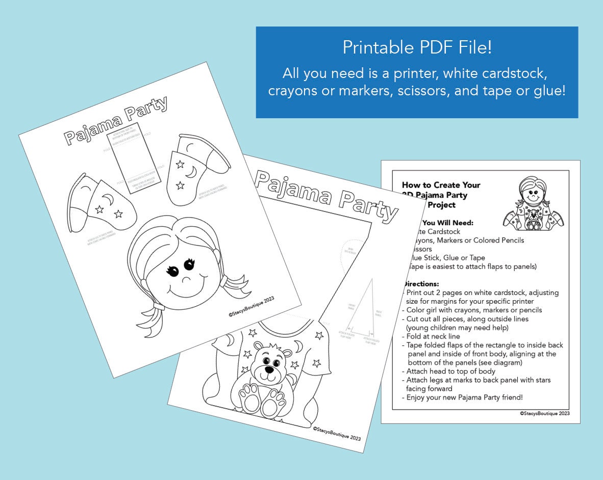 Pajama Party Printable Coloring Activity for Kids, Digital Download ...