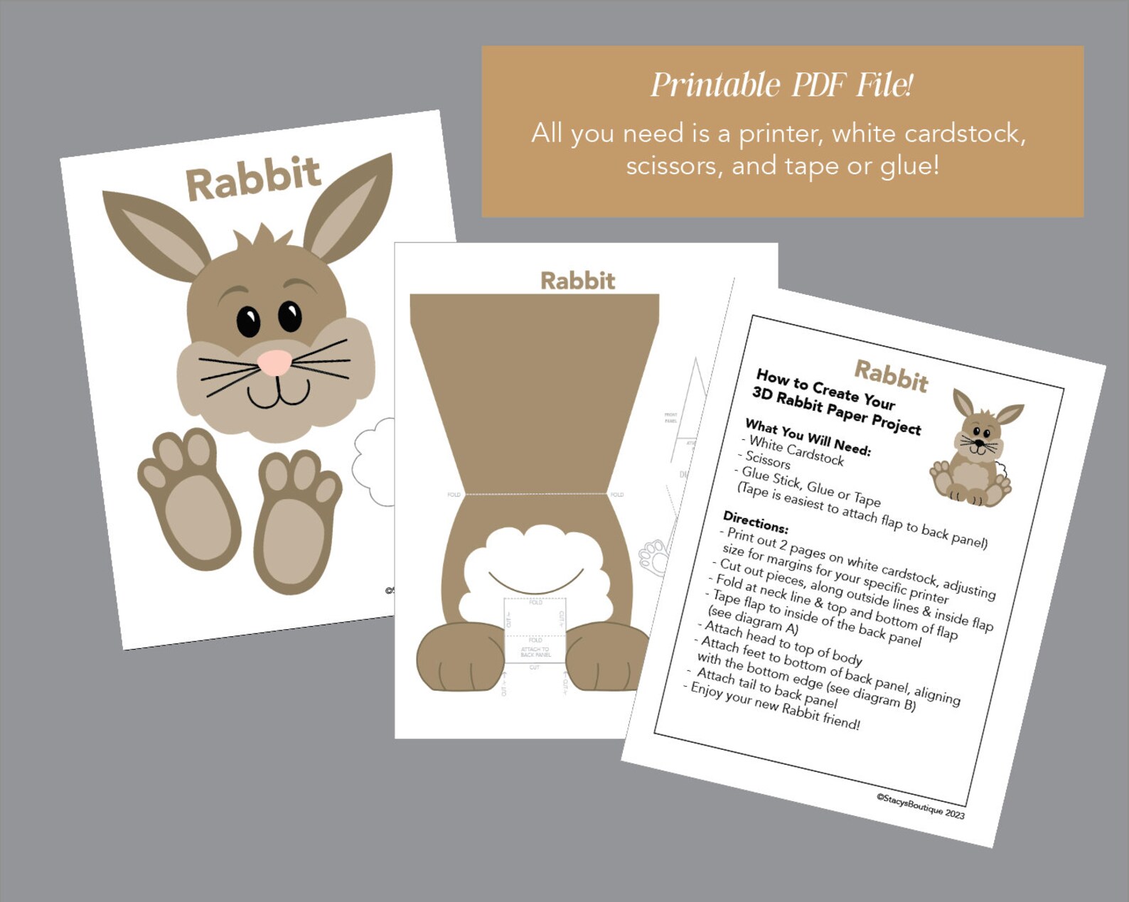 Bunny Rabbit Printable 3D Craft Activity for Kids, Woodland Animals 3D ...