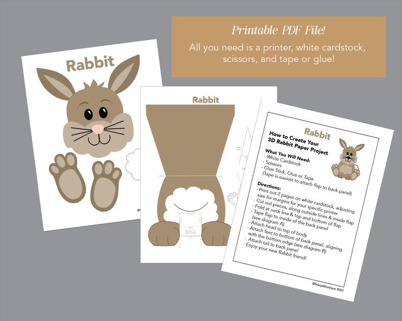 Bunny Rabbit Printable 3D Craft Activity for Kids, Woodland Animals 3D ...