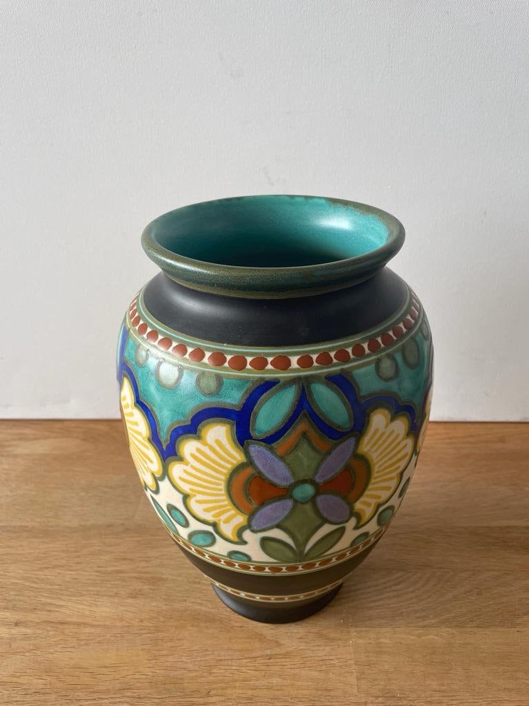 Very Large Antique Gouda Vase, Madeleine Pattern Decorated by Plazuid ...