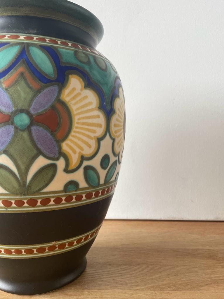 Very Large Antique Gouda Vase, Madeleine Pattern Decorated by Plazuid ...