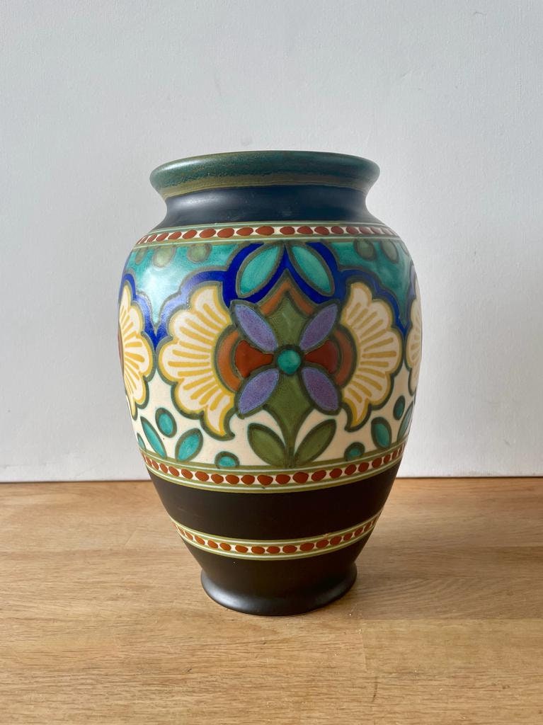 Very Large Antique Gouda Vase, Madeleine Pattern Decorated by Plazuid ...