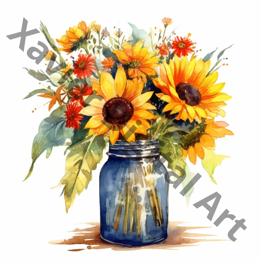 Watercolor Floral Fall Floral Sunflower Clipart, PNG, Commercial Use - Etsy