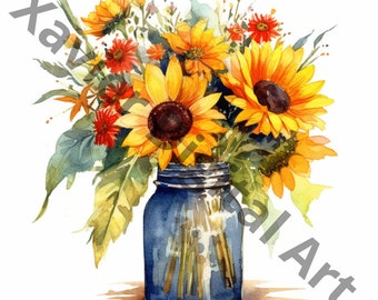 Watercolor Floral Sunflower Clipart, Fall Flowers, Fall Floral Flower ...