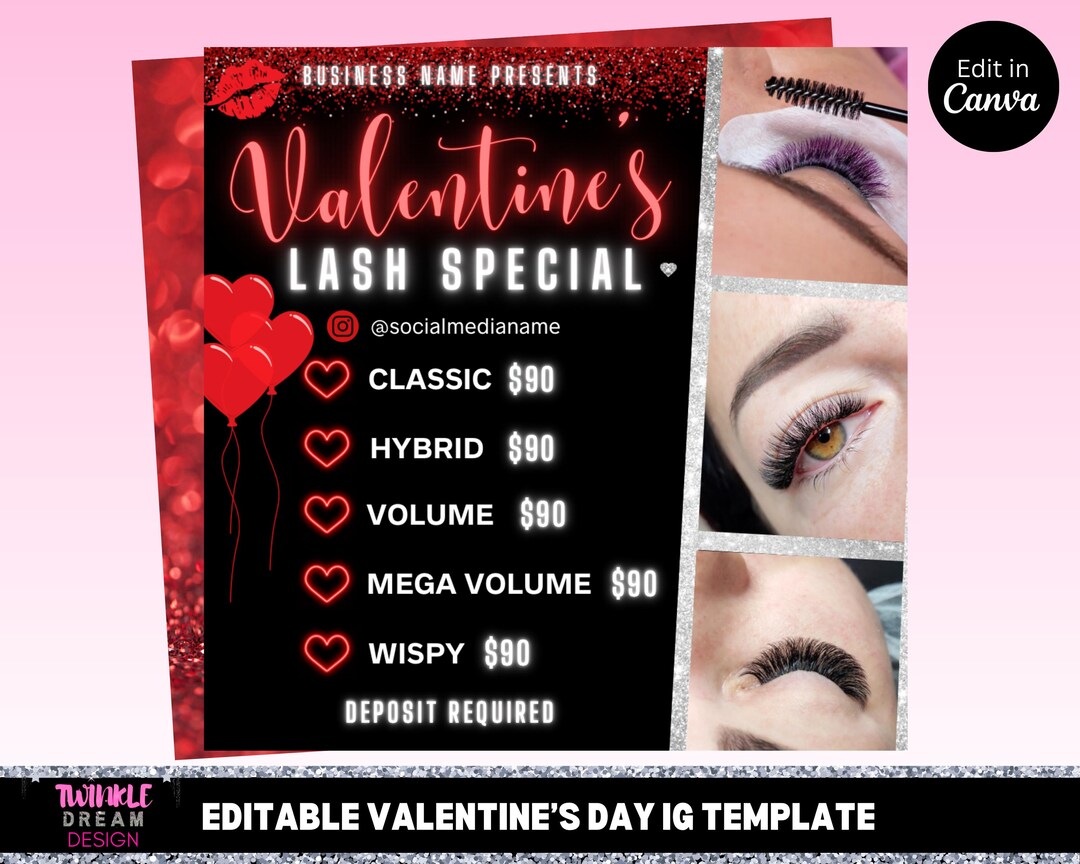 Valentine's Day Lash Flyer Template, Valentine's Day Lash Promo ...